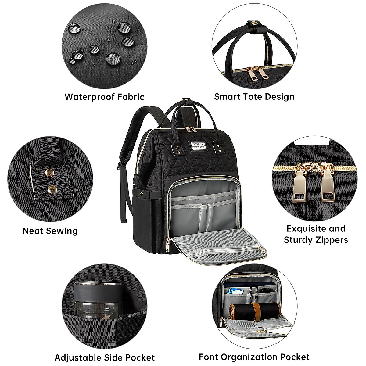 VSNOON Laptop Backpack for Women, 15.6 Inch Travel Backpack with USB Port Charging, Water Resistant Casual Durable Work Computer Bag for Women Men Girls, Black