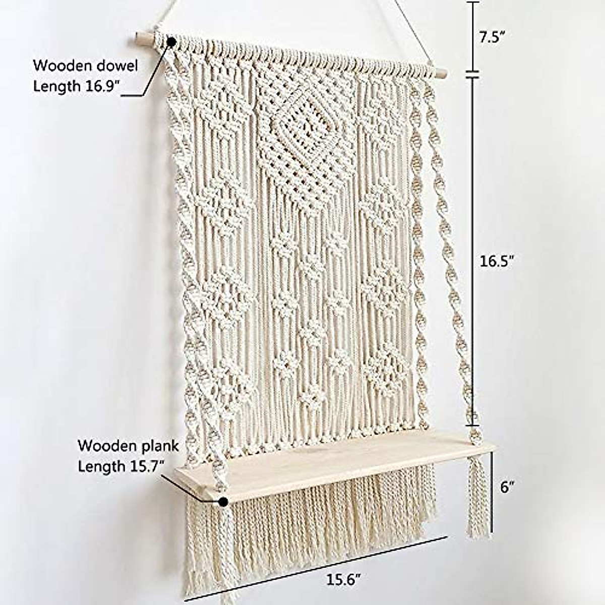 AMIAEDU Macrame Wall Hanging Shelf, Handmade Indoor Boho Rope Plant Pot Basket Hanger Holder, Rope Plant Hanger for Wall Decor (White)