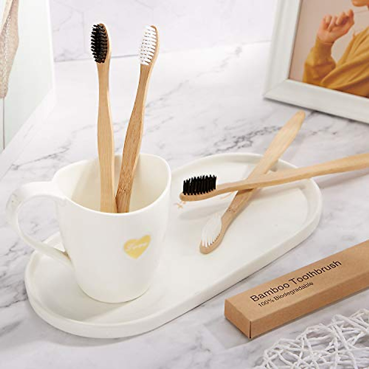 20 Pieces Bamboo Toothbrushes Reusable Charcoal Bamboo Toothbrush Natural Reusable Toothbrushes with BPA-Free Soft Bristles and Natural Wooden Handle in Individually Packaged