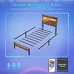 KKL Twin Bed Frames, Storage Headboard with Charging Station, RGB Light Strips, Solid and Stable, Noise Free, No Box Spring Needed, Easy Assembly, Rustic Brown