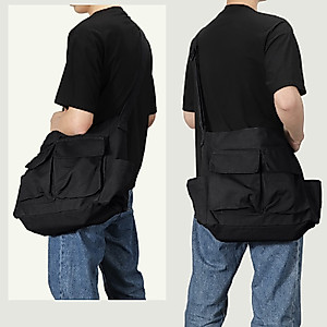 Canvas Messenger Bag Large Hobo Crossbody Bags with Multiple Pockets,School Vintage Shoulder Laptop Bag for Women and Men-Black