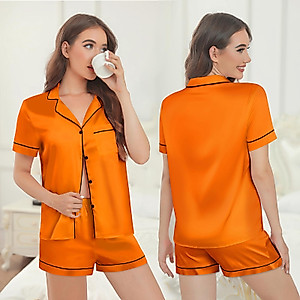 Lanyoshe Silk Pajamas for Women Satin Womens Pajama Sets Short Sleeve Lounge Set 2-Piece Sleepwear Notch Collar Button-Down PJ Set (Orange, XL)