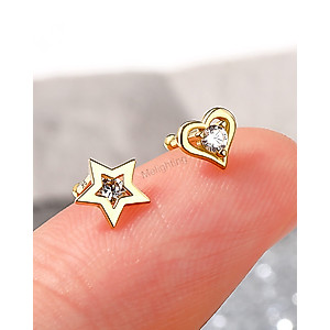 MeIighting 14K Solid Gold Nose Stud 20G Heart Nose Rings Clear Round CZ Nose Piercing Jewelry for Women Men Real Gold