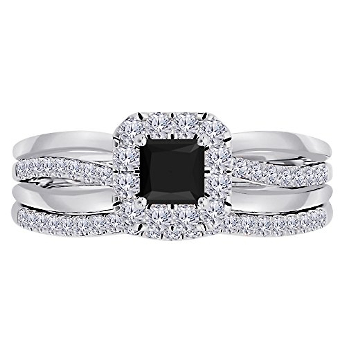Jewelryhub 2CT Princess Cut Black Cz Diamond 925 Sterling Silver Wedding Bridal Set Split Shank Halo Engagement Ring Set Size 4-12