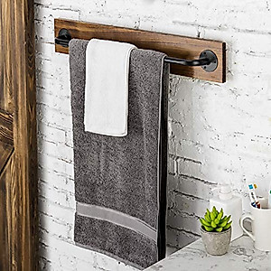 MyGift Rustic Burnt Wood Bathroom Towel Bar with Metal Rod, Wall Mounted Bath Towel Rack