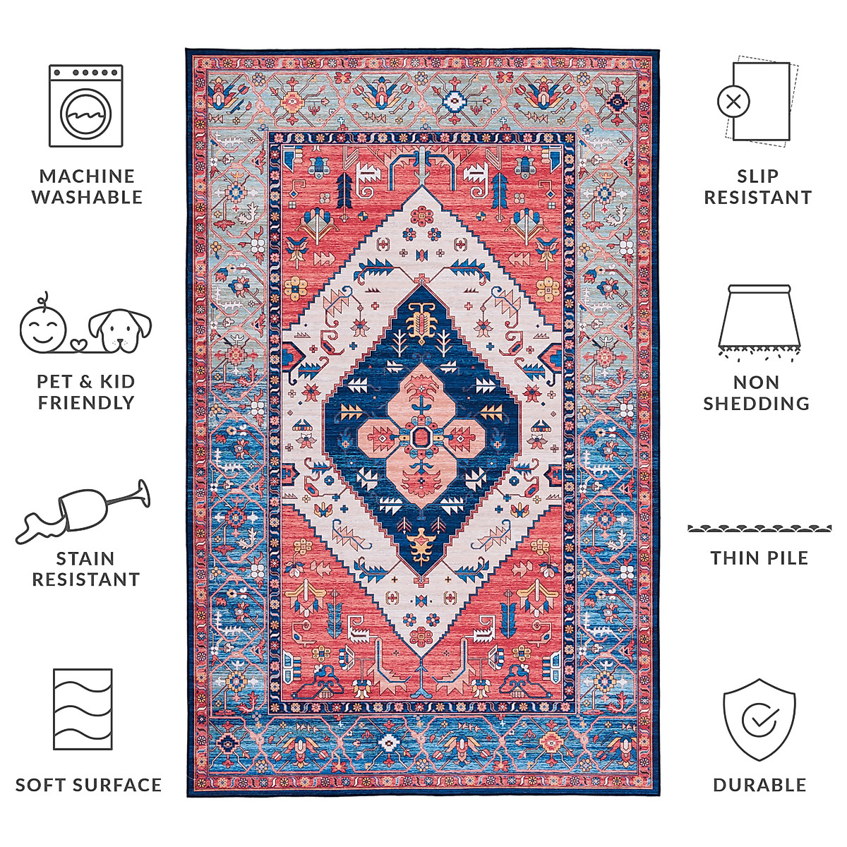 SAFAVIEH Tucson Collection Area Rug - 6' x 9', Rust & Blue, Persian Medallion Design, Non-Shedding Machine Washable & Slip Resistant Ideal for High Traffic Areas in Living Room, Bedroom (TSN133P)
