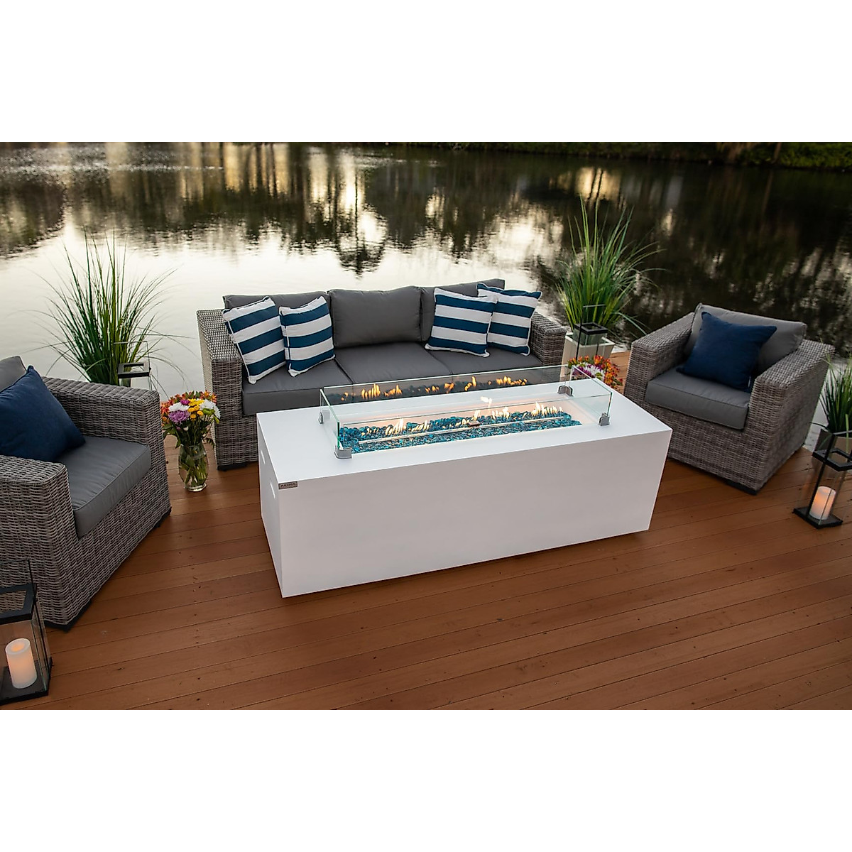 70" Linear Rectangular Modern Concrete Fire Pit Table w/Glass Guard and Crystals (White)