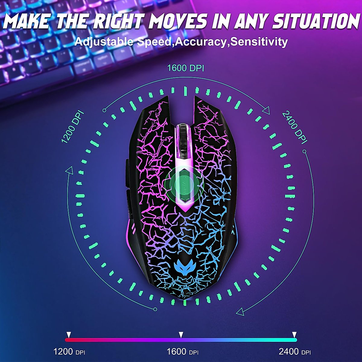 LuLabboard Wireless Gaming Mouse, Rechargeable Wireless Computer Mouse, 7-Color LED Light, Ergonomic Mouse with 6 Silent Click Buttons, 3 Adjustable 2400 DPI Wireless Mouse for Laptop,PC,Mac, Black