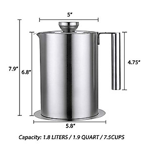 Sumerflos 1.8 L/1.9 Quart Stainless Steel Grease Strainer and Container - Large Oil Storage Pot Grease Keeper with Dust-Proof Lid & Easy Grip Handle - for Bacon, Kitchen Cooking or Frying Oil