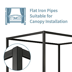 HOMES: Inside + Out Evadne Modern Canopy Bed Frame Queen Size with Channel Upholstered Headboard and Wooden Slats Support for Bedroom, Guest Room, No Box Spring Needed, Light Brown