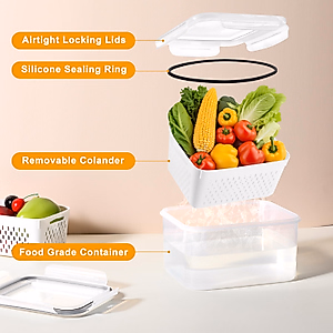 4 Pack Fruit Storage Containers for Fridge with Removable Colanders, Airtight Produce Vegetable Berry Containers for Fridge, All-In-One Food Storage Containers for Washing, Draining, Freshness