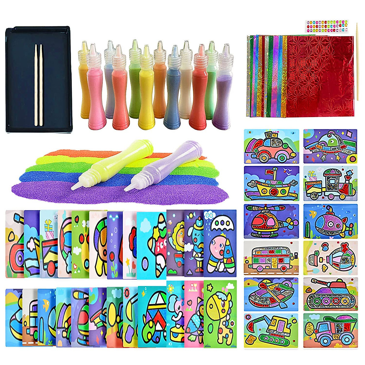 JKanruh 48 Pcs Art Kits,12 Color Sand Art Kits with 24 Sheets Sand Art Painting Cards,12 Sheets Magic Sticker Painting Set for Arts and Crafts,DIY Painting,Drawing
