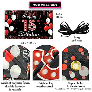 15th Birthday Backdrop Banner, Happy 15th Birthday Decorations for Girls, Red Black 15 Year Old Birthday Party Photo Booth Props, XV Birthday Yard Sign Decor for Outdoor Indoor, Fabric Vicycaty