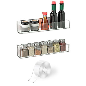 VAEHOLD Adhesive Acrylic Spice Rack with Nano Double Sided Tape Wall Mount Organizer Clear Wall Spice Rack With Shelf Ends for Kitchen Cabinet Door - 2 Pack 11 4/5‘’ Shelves