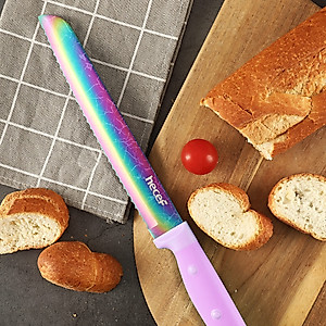 hecef 14 Pieces Knife Set with Block, Rainbow Titanium Knives Set with Laser Pattern, Martensitic Stainless Steel Chef Knife Set with Sharpener, Steak Knife, Scissors, Mothers Day Gift