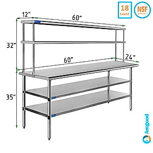 24" x 60" Stainless Steel Work Table with Two Shelves and 12" Wide Double Tier Overshelf | Metal Kitchen Prep Table & Shelving Combo