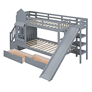 Twin Over Twin Castle Bunk Bed with Slide and Storage Stairs, Wood Playhouse Bunk Beds Frame with Shelves and Drawers, Princess Bunk Bed for Girls Boys Teens, No Box Spring Needed, Gray