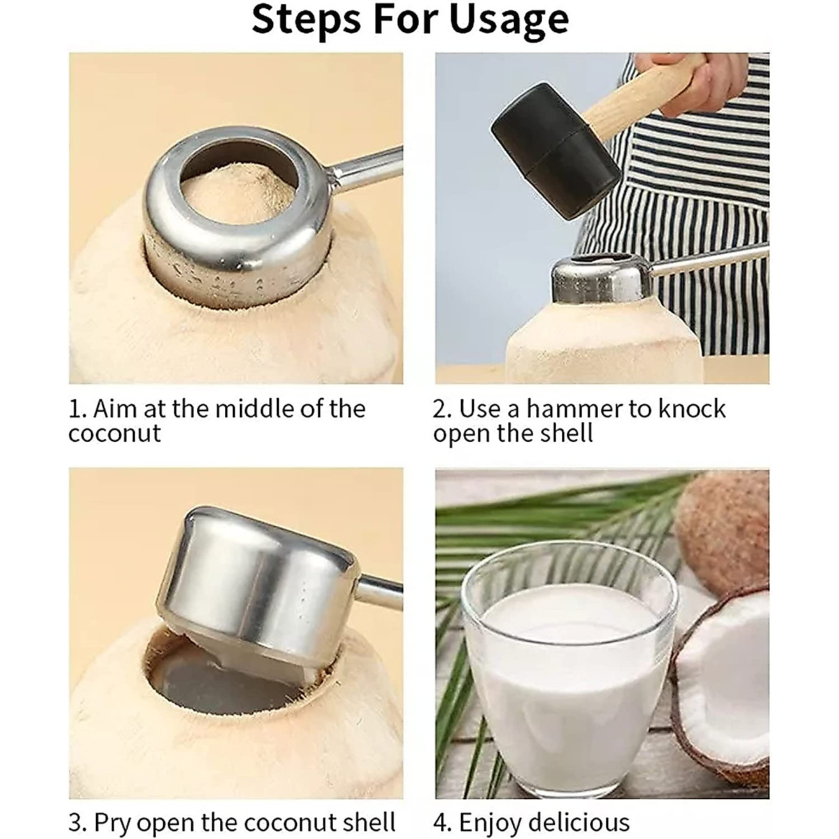 UnisonPet Coconut Opener Tool Set, Stainless Steel Coconut Opener Kit with Rubber Mallet Meat Removal Scraper, Coconut Drill Young & Mature Coconut Opening Tool