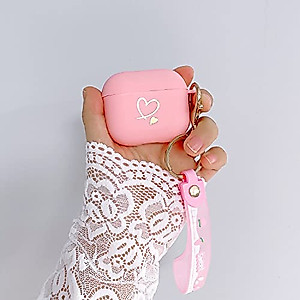 Ownest Compatible with AirPods 3 Case Cover 2021 Soft TPU with Gold Heart Pattern Cute Fruit Flowers Keychain Shockproof Case for Women Girls Only for Airpods 3th Generation-Pink