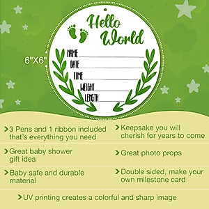 Birth Announcement Board for New Baby - 6-Inch Round Baby Announcement Sign, Baby Shower Gifts, Newborn Gifts - Hello World Newborn Sign, Baby Photo Props, Reversible Baby Milestone Card
