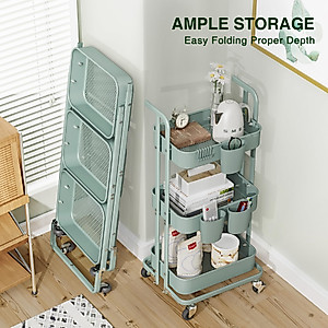 DTK 3 Tier Foldable Rolling Cart, Metal Utility Cart with Lockable Wheels, Folding Storage Trolley for Living Room, Kitchen, Bathroom, Bedroom and Office, Green