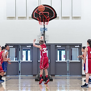 GYMAX Basketball Hoop, Outdoor 5.6-7.5FT Adjustable Basketball Goal with Shatterproof Backboard, Built-in Wheels & Spare Net, Portable Basketball System for Kids Teens Adults Indoor Gym, Driveway