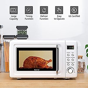 COSTWAY Retro Countertop Microwave Oven, 0.7Cu.ft, 700-Watt, High Energy Efficiency, 5 Micro Power, Delayed Start Function, with Glass Turntable & Viewing Window, LED Display, Child Lock (White)