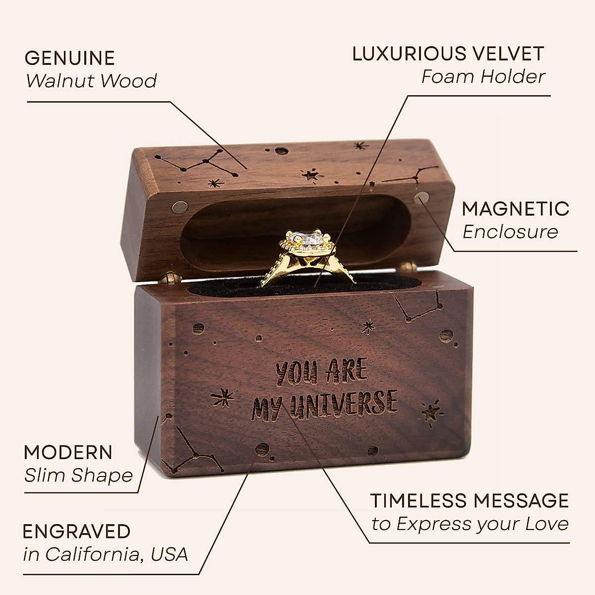 MUUJEE You Are My Universe Engraved Wooden Ring Box, Slim Engagement Proposal Ring Holder, Wedding Ceremony Ring Bearer Box, Fiance Gift Ideas