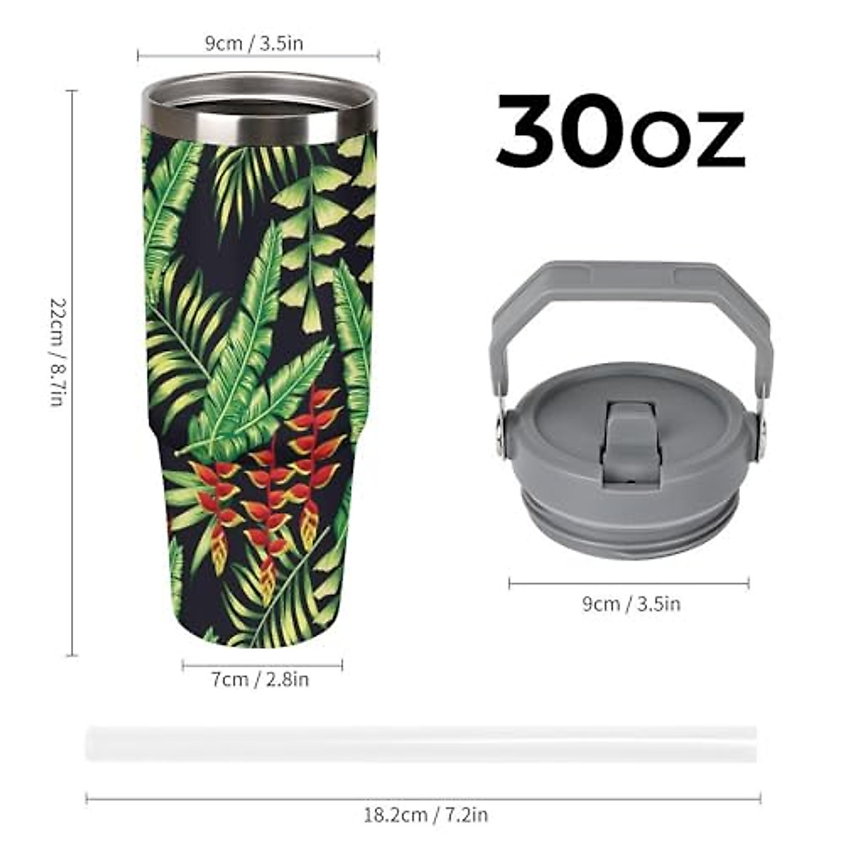 GemGam Stainless Steel Tumbler with Lid And Straw 30 Oz Top Handle Palm Tree Colorful Flower Leakproof Vacuum Insulated Water Bottle for Car Travel Exotic Plant