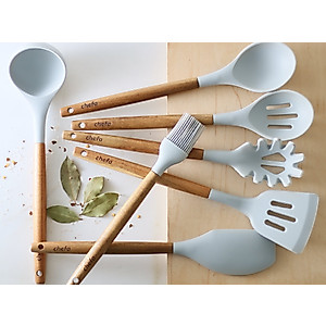 Silicone Cooking Utensils | Wooden Handle, Non-Stick Cookware Heat Resistant Kitchen Utensil Spatula, Slotted & Solid Spoon, Soup Ladle, Slotted Turner and Spaghetti Server,| Acacia Wood - Light Grey