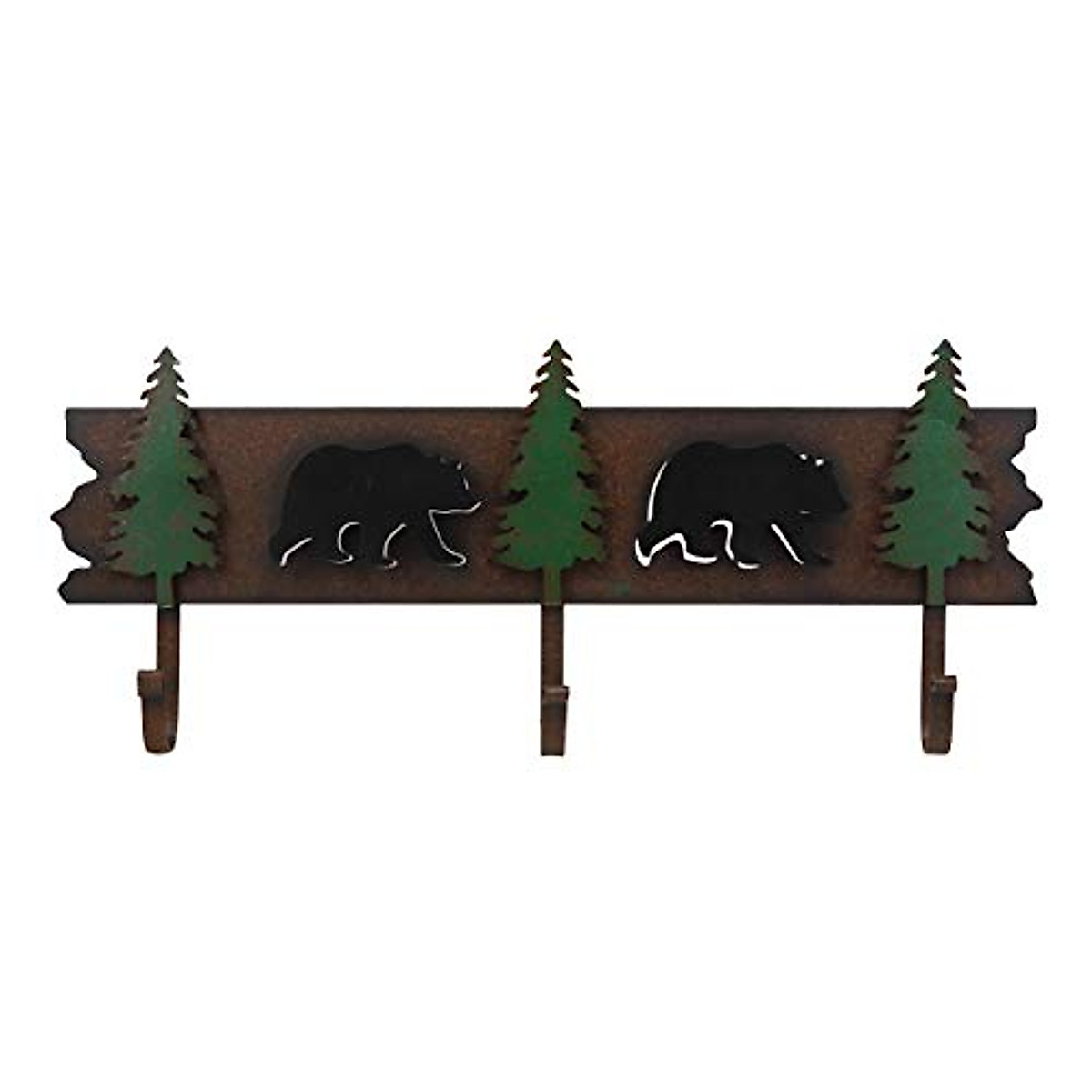 Ebros Western Rustic 2 Roaming Black Bear Silhouettes And 3 Green Pine Trees 3-Peg Cast Iron Wall Hooks 20.25"Wide Hanger 3D Abstract Art Forest Bears Coat Hat Keys Hook Decor Hanging Sculpture Plaque