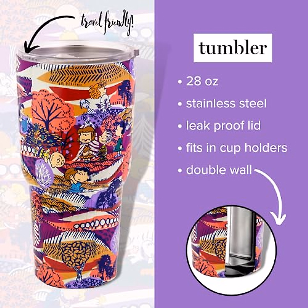 Vera Bradley Large Stainless Steel Travel Cup, 28 oz Tumbler with Lid, Double Wall Insulated Tumbler, Fall For Peanuts