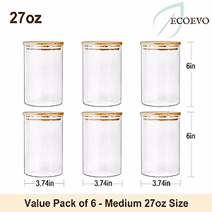 EcoEvo Glass Jars with Bamboo Lids (27oz in 6 Pack), Glass Food Jars and Canisters Sets, Glass Food Storage Jars with Airtight Lids, Glass Canisters with lids, Glass Pantry Jars, Glass Jars with Lids.