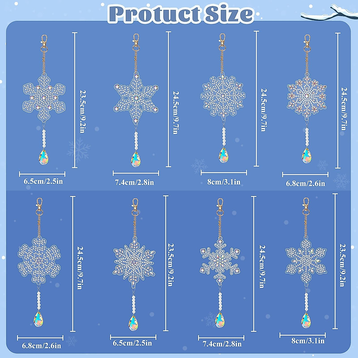 UPINS Snowflake Diamond Art Painting Kits, 8 Pcs 5D Christmas Diamond Art Ornaments DIY White Crystal Wind Chimes Ornaments for Christmas Tree Hanging Decor
