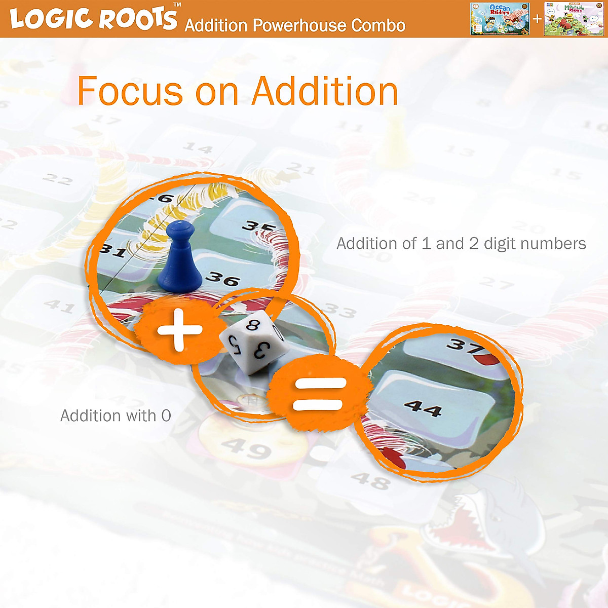 Logic Roots Addition Games - Pack of 2, Mountain Raiders and Ocean Raiders, Math Board Games and STEM Toys for 5- 9 Year Olds, Educational Gift for Kids, Homeschoolers, Kindergarten and Up