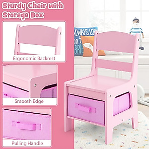 LDAILY Kids Table and Chairs, 3 in 1 Wooden Kids Table with Storage Drawer, Removable Blackboard, Reversible Tabletop, Toddler Table and Chair Set for Drawing, Reading, Writing, Playroom (Pink)