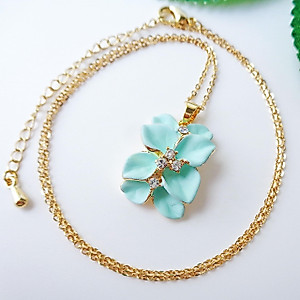 Navachi 18k Gold Plated Clear Crystal Light Green Enamel Leaves Flower Az6067p Pendant Necklace 16"+2"