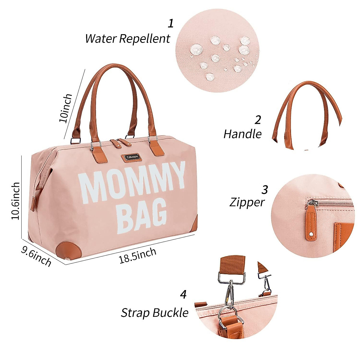 KABAQOO Mommy Bag for Hospital, Diaper Bag Tote with Changing Pad, Hospital Bags for Labor and Delivery, Large Travel Diaper Tote for Boys & Girls, Pink