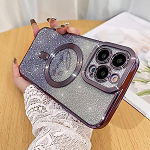 Fiyart Compatible with iPhone 14 Pro Max Case,Compatible with MagSafe Love Heart Plating Camera Protection Clear Phone Case, Magnetic Glitter for Women Girls Shockproof Back Bumper 6.7"-Purple