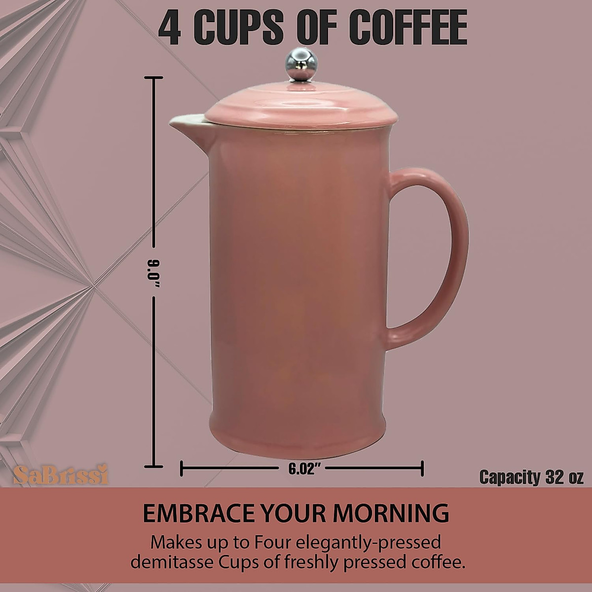 French Press Coffee Maker Stoneware Vintage Cafetiere 34 Ounces Insulated Heat Retention Dishwasher Safe (Pink)
