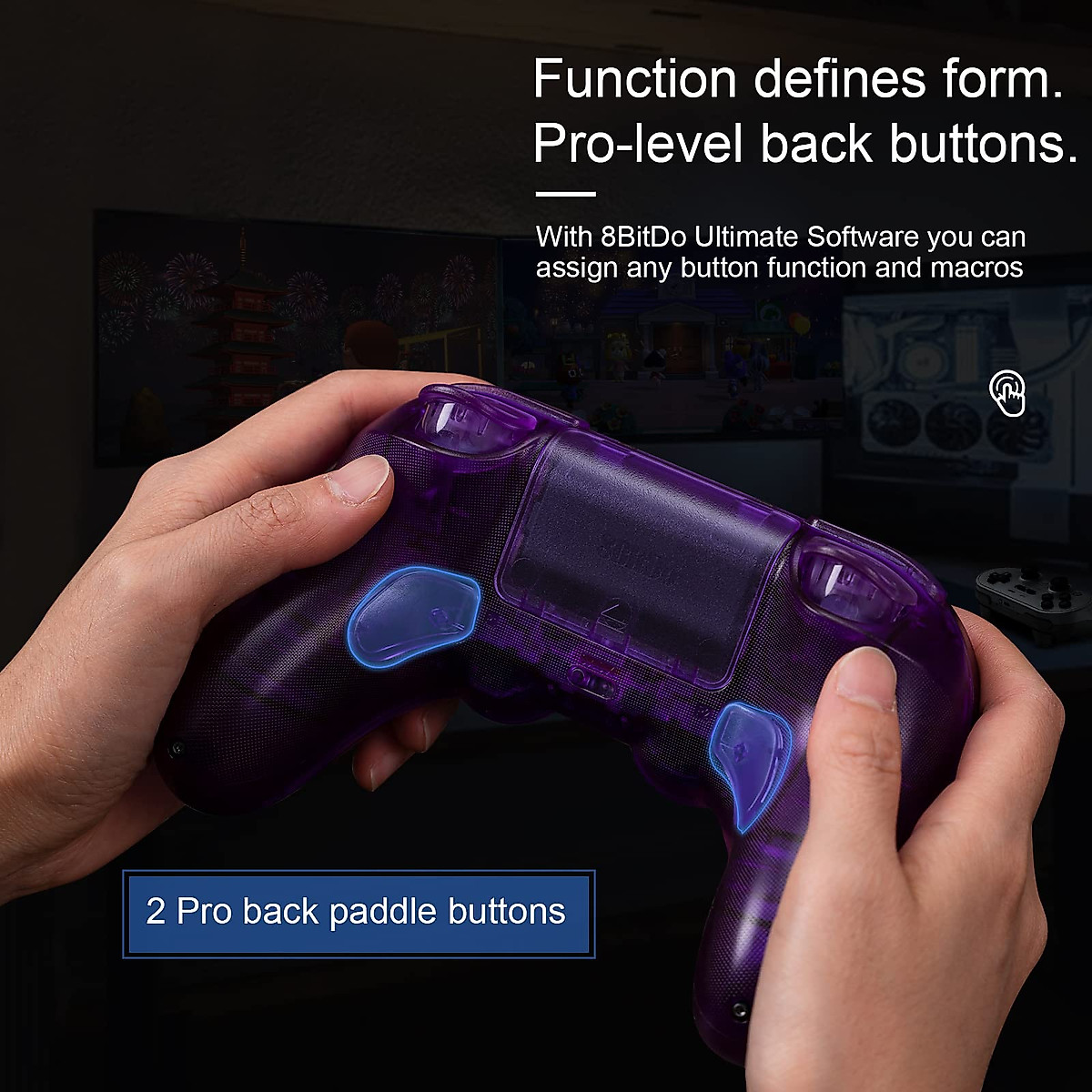 AKNES 8BitDo Pro 2 Bluetooth Wireless Controller for Switch/Switch OLED with Joycon Thumb Grip Caps - Gamepads for Steam Deck, MacOS, iOS, PC, Android & Raspberry Pi (Clear/Transparent Purple)