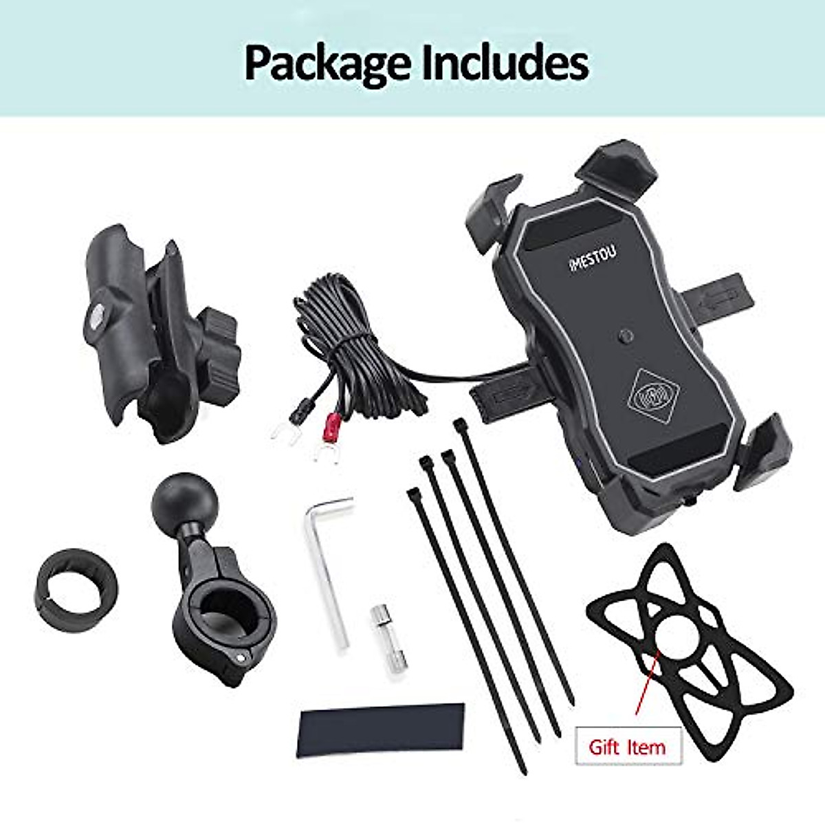 iMESTOU Auto Clamping Motorcycle Phone Mount Charger Wireless qi & USB Quick Charging 2 in 1 Handlebar Cell Phone Holder 9CM Stem 1" Ball Mount 720 Rotation Quick Release for 3.5-6.8 Inch Smartphone