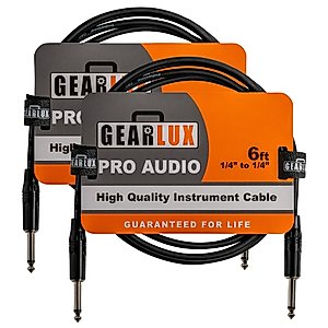 Gearlux Instrument Cable/Guitar Cable, 1/4-inch to 1/4-inch, Black, 6-Feet - 2 Pack