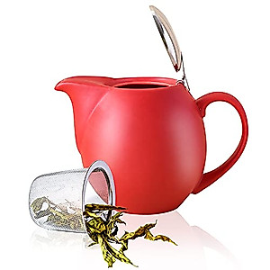 Yundu 32 ounce Red Porcelain Tea Pot - Stainless Steel Lid and Fine Infuser To Brew Loose Leaf Tea, Enough For 4 Cups