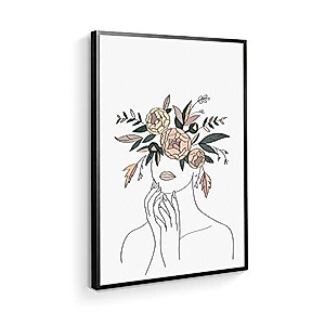 GXOBOCX Canvas Wall Art Modern Abstract Art Blossom on Woman Face Prints Artwork Minimalist Line Art for Living Room Bathroom Decor (Black Framed,16x22 inches)