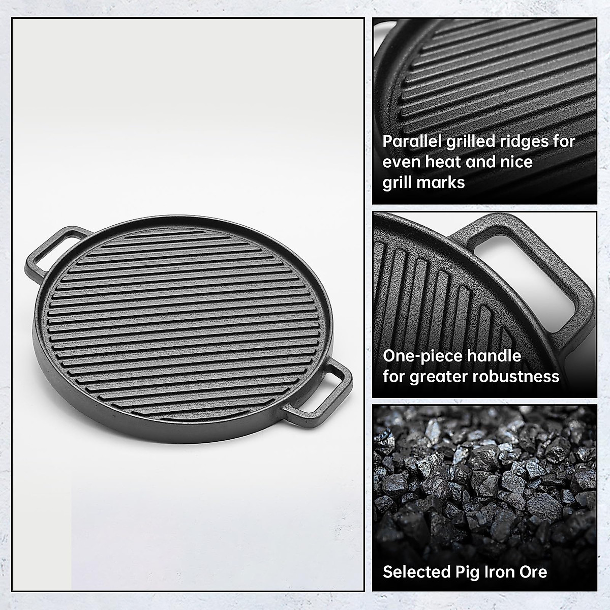 WANGYUANJI Cast Iron Grill Pan,11.8inch Round Cast Iron Skillets with Dual Handles for Barbecue,Suitable for All Stoves with Spatula and Brush