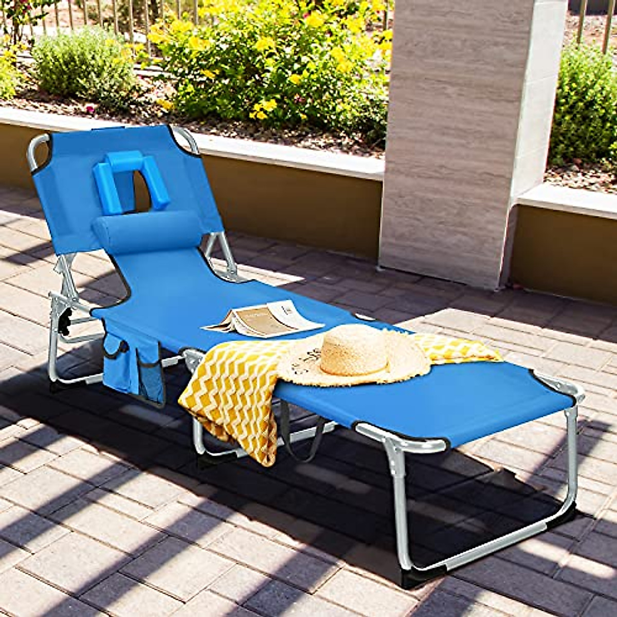 Goplus Tanning Chair, Folding Beach Lounge Chair with Face &Arm Hole, 5-Position Adjustable,Removable Pillow,Side Pocket, Sunbathing Chair, Portable Outdoor Lounge Chair for Patio Pool Lawn (1, Navy)