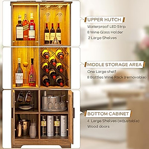 Kasibie Wine Cabinet, Wine Bar Cabinet with LED Lights, Liquor Cabinet with Glass Holder Wine Rack, Farmhouse Modern Liquor Cabinet with Storage for Home (Brown)