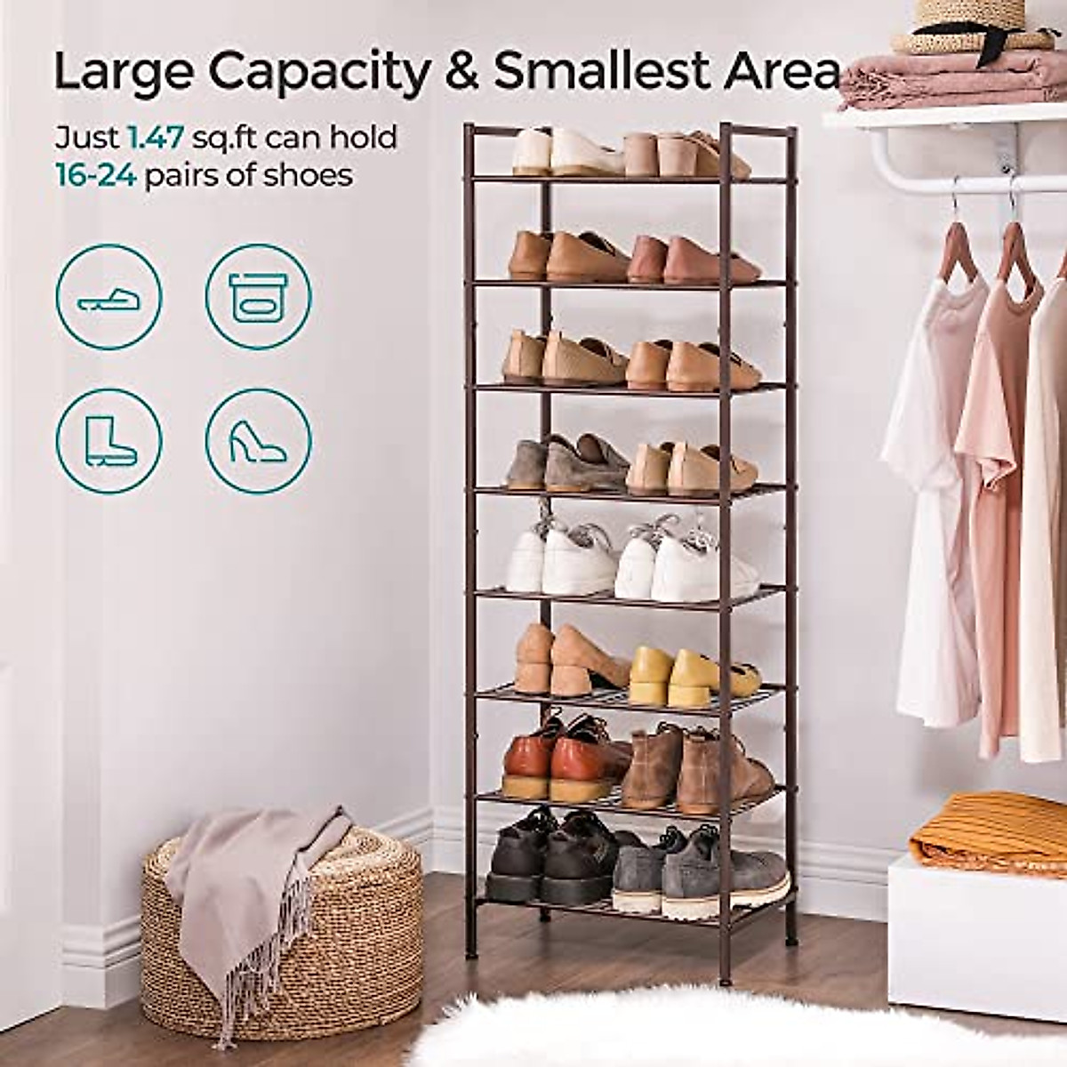 SONGMICS Shoe Rack 8 Tier Tall Shoe Storage Organizer, Sturdy Metal Narrow Shoe Rack Shelf for Closet Entry Small Space, Slim Shoe Stand Holder for 16-24 Pairs, Stackable Vertical Shoe Tower, Bronze