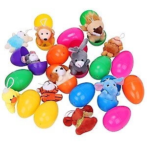 NEWBEA 24 Pcs Filled Easter Eggs with Plush Animal Toys,Plastic Easter Eggs with Toys Basket Stuffers Fillers, Classroom Prize Supplies
